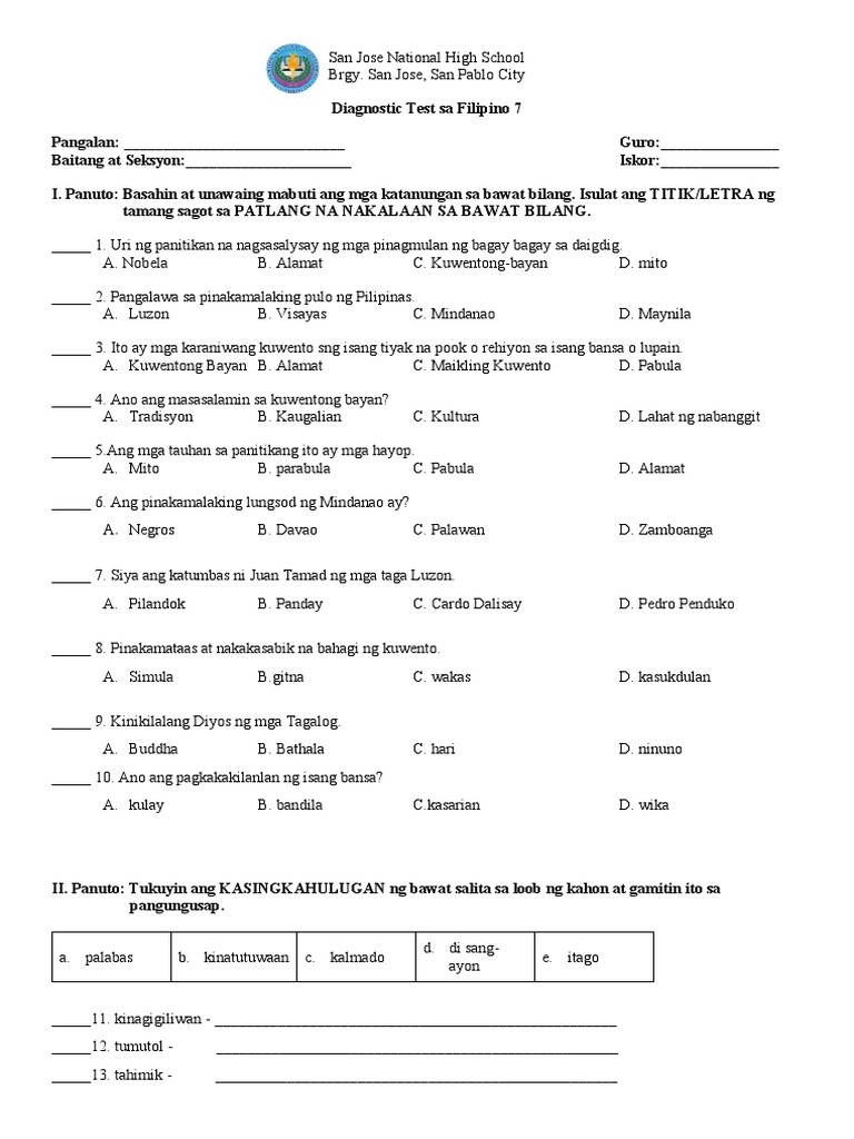 Diagnostic Test - Filipino 7 - 2022-2023 | PDF