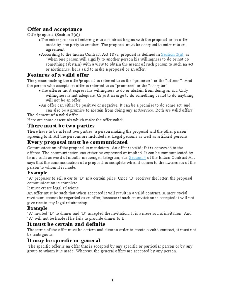 Offer and Acceptance: Offer/proposal (Section 2 (A) ) | Download Free ...