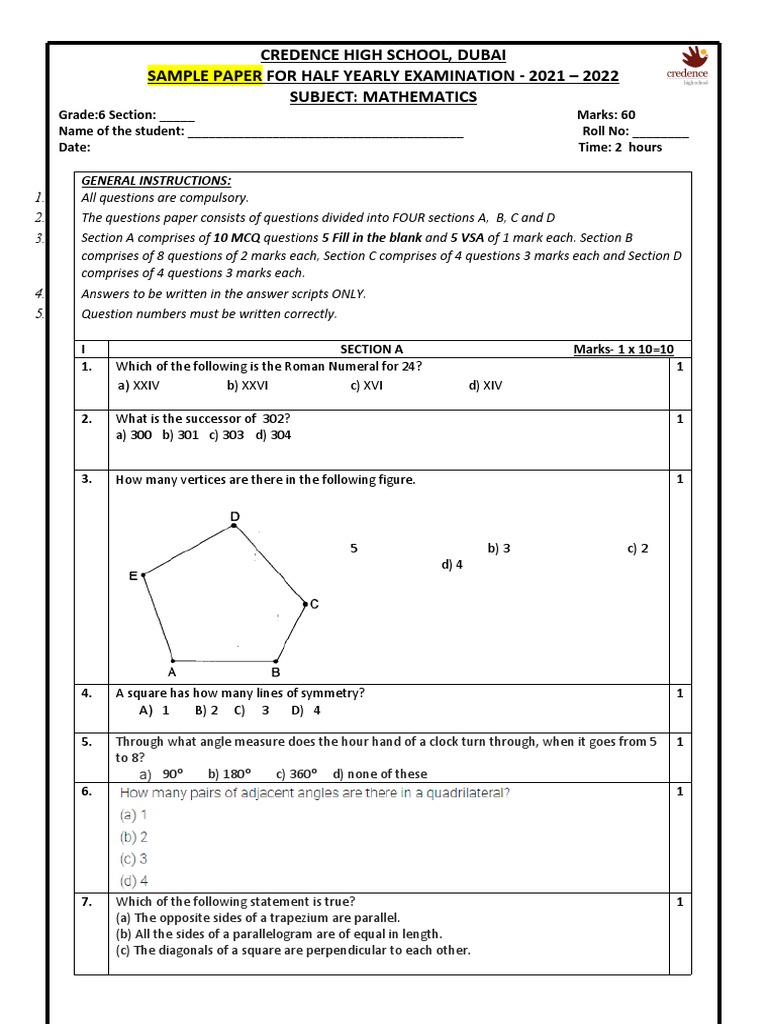 Credence High School, Dubai Sample Paper For Half Yearly Examination ...