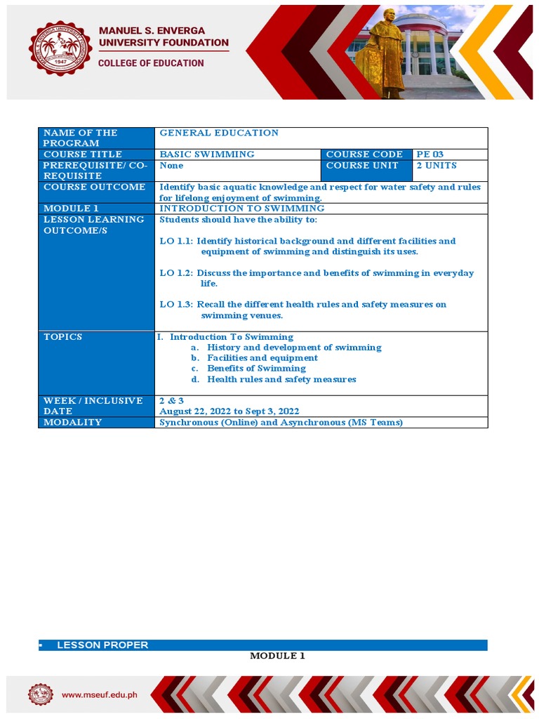 Pe 03 - Course Module | PDF | Swimming (Sport) | Swimming