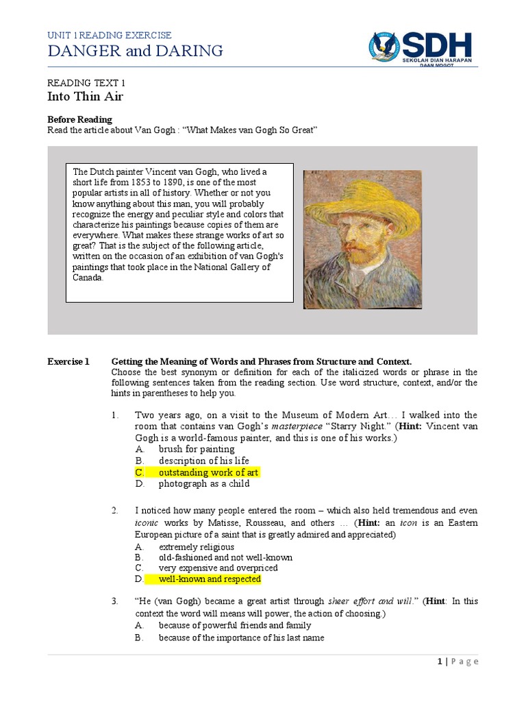 Grade 12 - Reading Exercise 1 | PDF | Vincent Van Gogh | Noun