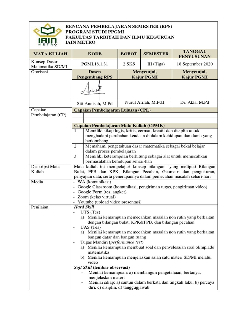 RPS Konsep Dasar Matematika | PDF | Karier & Perkembangan | Seni