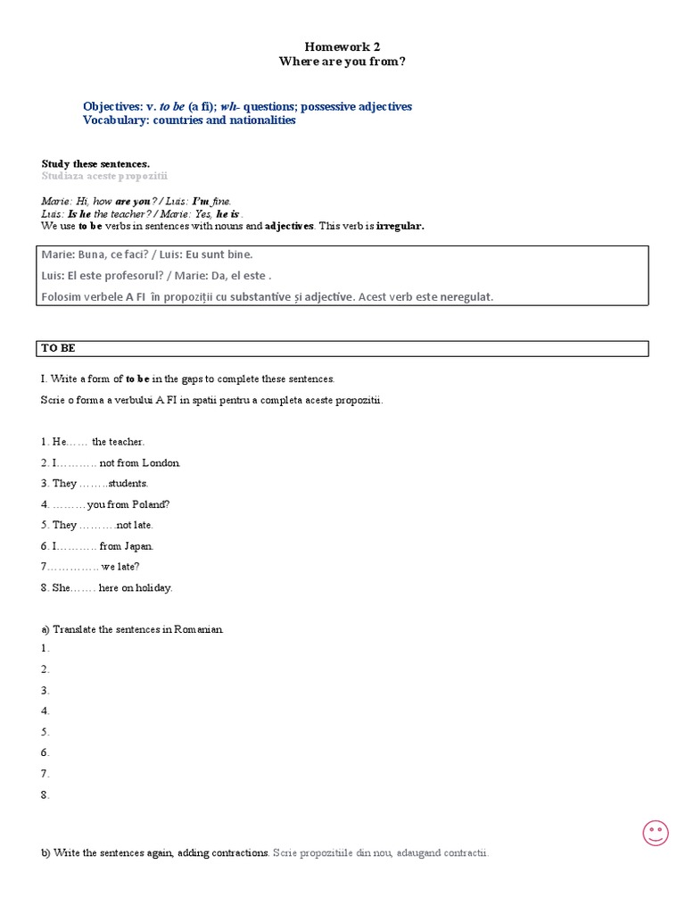 Lesson 2 HOMEWORK Lesson 2 Be+ Countries, Nationalities, WH-, Possesive Adj | PDF | Noun ...