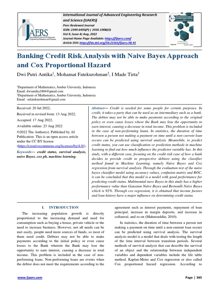 Banking Credit Risk Analysis With Naive Bayes Approach and Cox ... Banking Credit Risk Analysis With Naive Bayes Approach and Cox ...