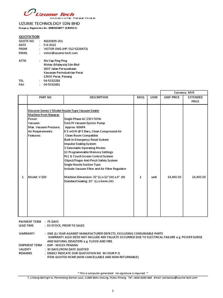 Uzume Technology SDN BHD: Quotation | PDF | Equipment | Manufactured Goods
