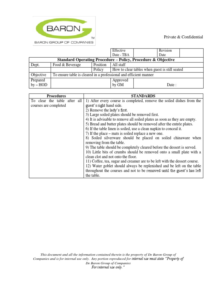 Table Clearing Procedures for Waitstaff | PDF | Tableware | Eating Behaviors Of Humans
