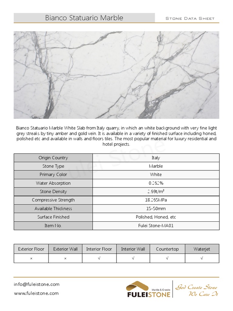 003 White Bianco Statuario Marble Datasheet | PDF