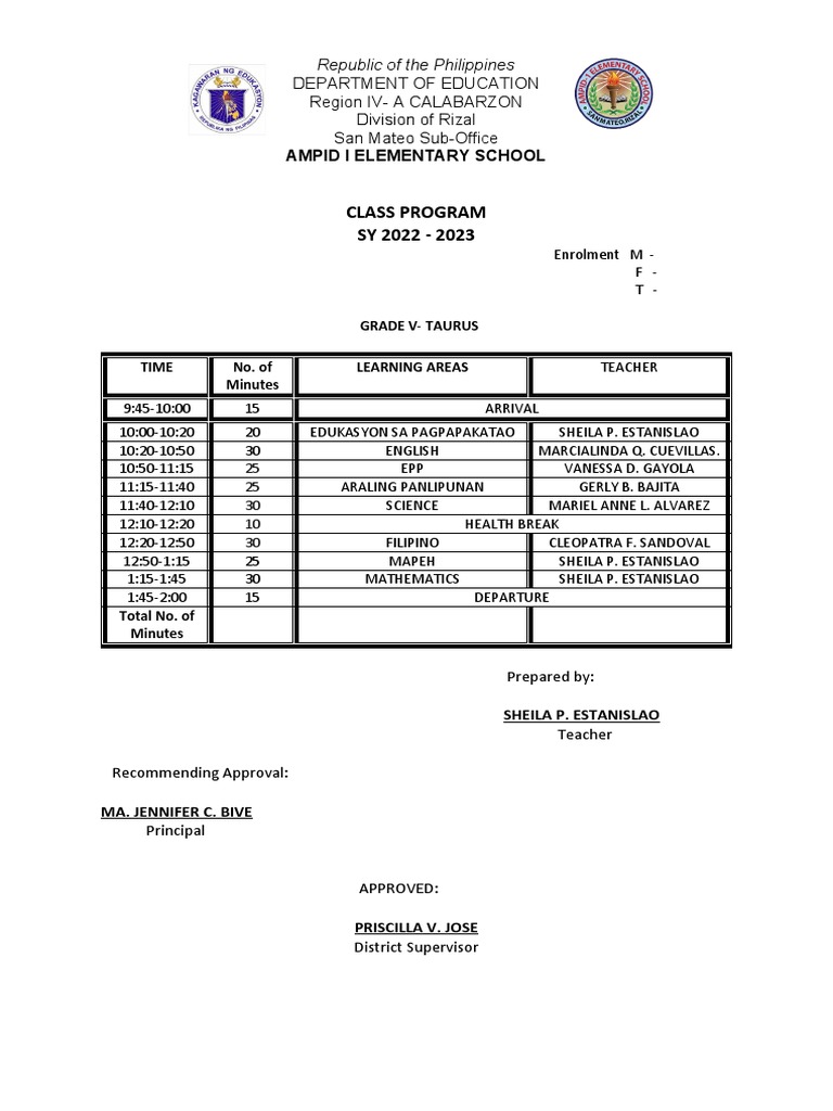 Grade 5 - New Class and Teachers Program | PDF | Asia | Southeast Asia