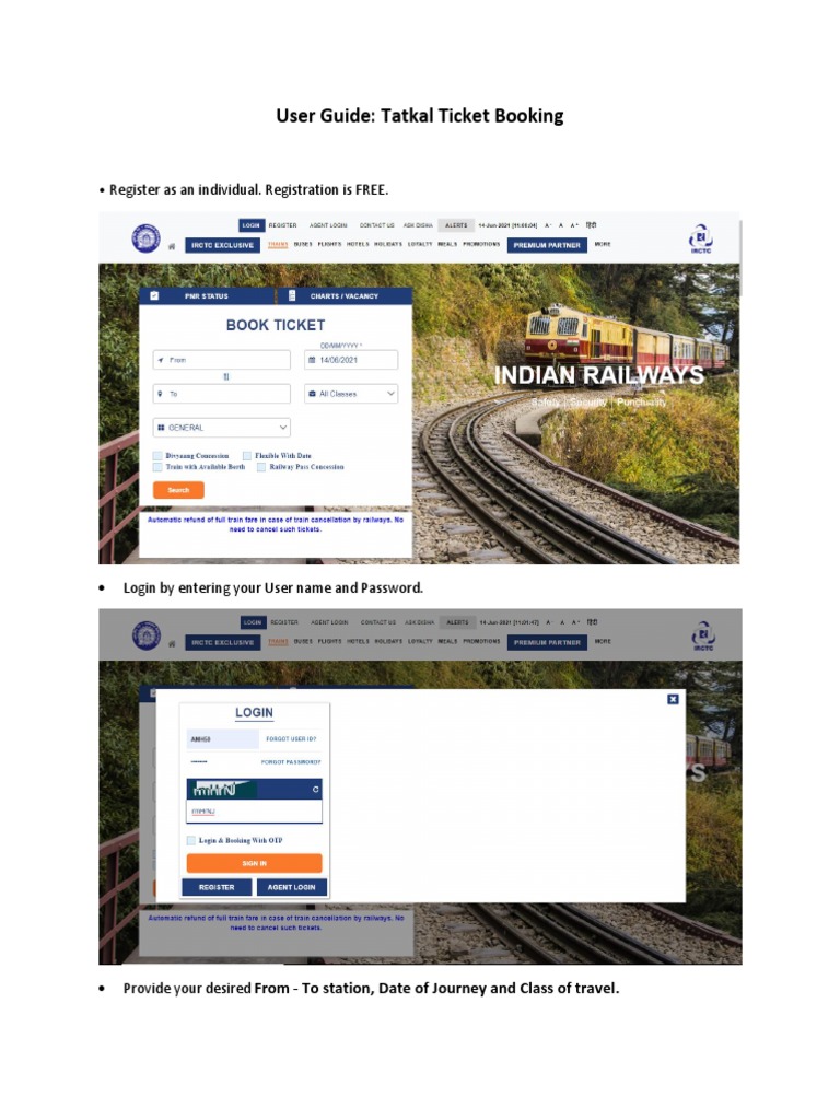 User Guide: Tatkal Ticket Booking: - Register As An Individual. Registration Is FREE | PDF ...