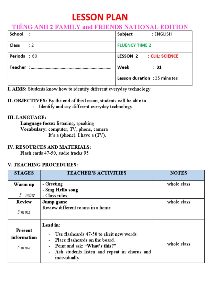 Lesson Plan: Tiếng Anh 2 Family And Friends National Edition | PDF ...