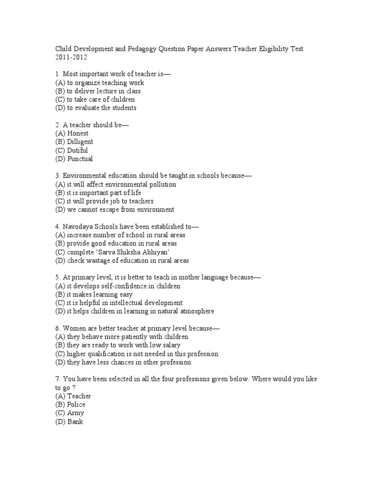 Child Development and Pedagogy Question Paper Answers Teacher ...