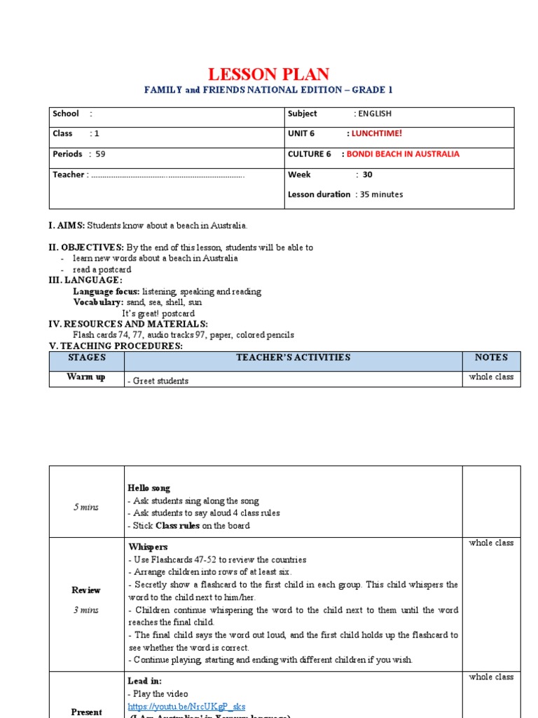 Lesson Plan: Family and Friends National Edition - Grade 1 | PDF ...