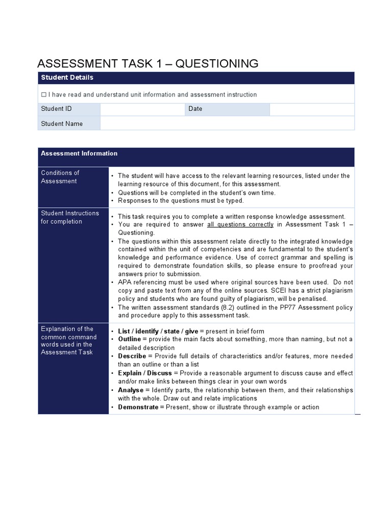 HLTENN045 Student Assessment Task 1 - Questioning | PDF | Dementia | Nursing