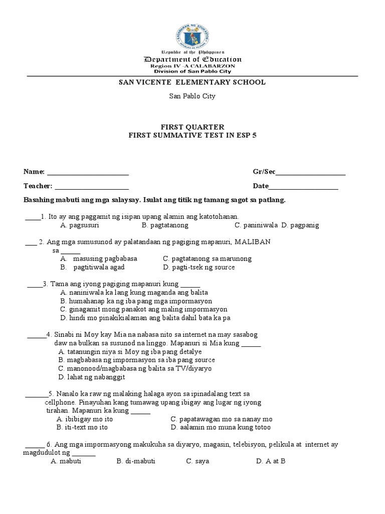 Esp 5 Summative Test 1 Q1 Pdf