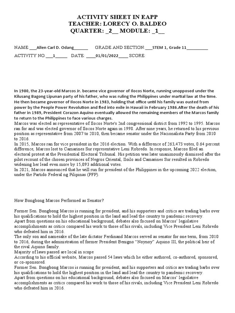 Activity Sheet in Eapp | PDF | Government | Philippines