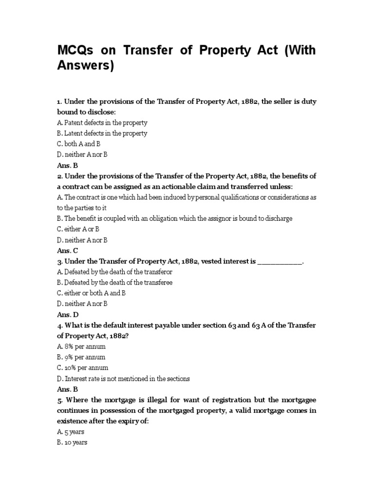 Mcqs On Transfer of Property Act (With Answers) | PDF | Lease | Mortgage Law