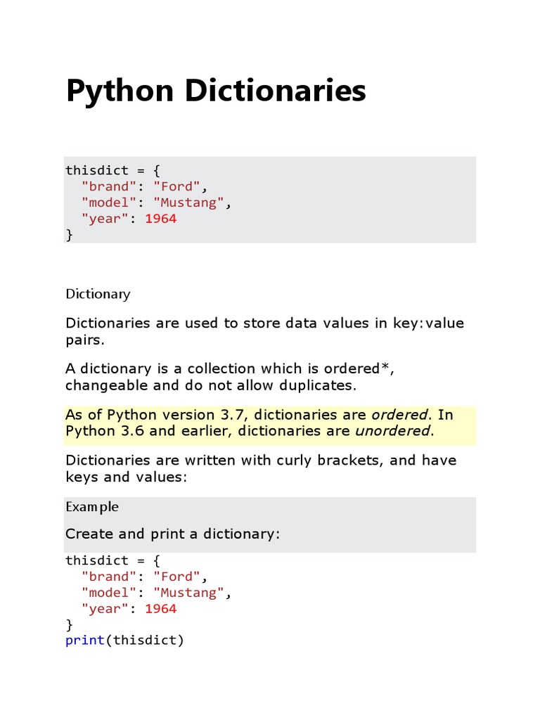 Python Dictionaries: "Brand" "Ford" "Model" "Mustang" "Year" | PDF | Parameter (Computer ...