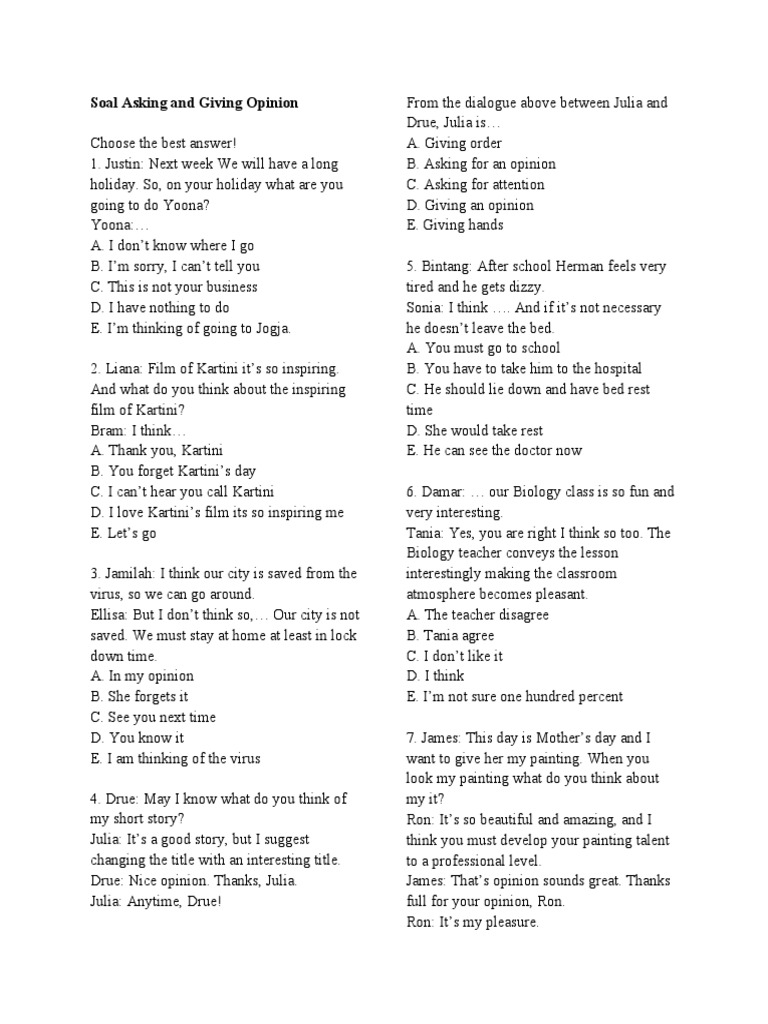 Soal Asking and Giving Opinion | PDF