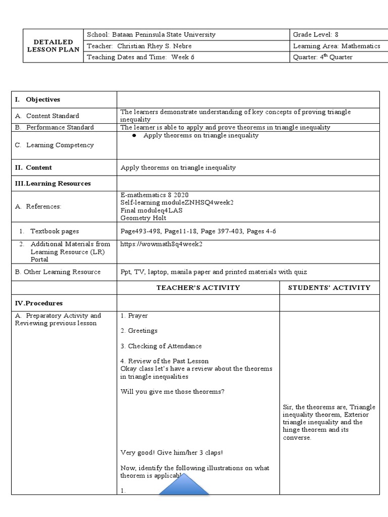 Triangle Inequality Theorem Lesson Plan | PDF | Triangle | Theorem