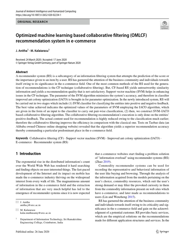 Optimized Machine Learning Based Collaborative Filtering (OMLCF) Recommendation System in e ...