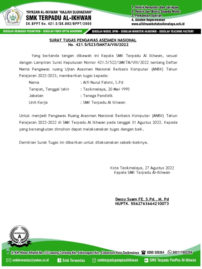 Surat Tugas Pengawas ANBK | PDF