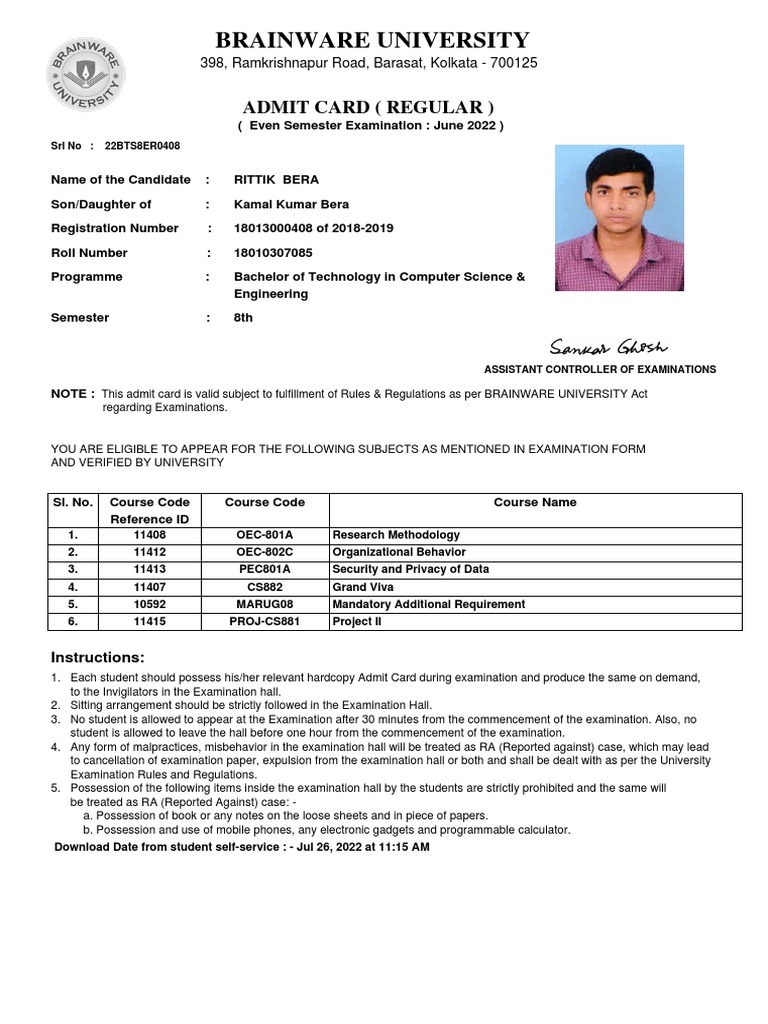 Student Admit Card | PDF