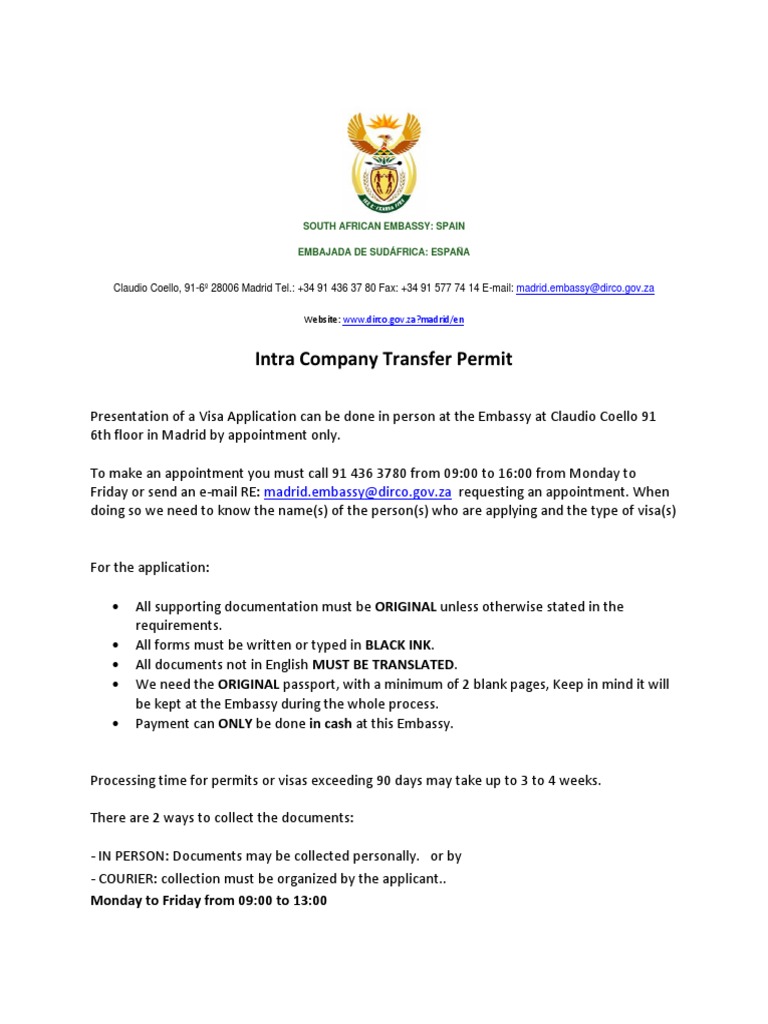 Intra Company Transfer Permit: Madrid - Embassy@dirco - Gov.za ...