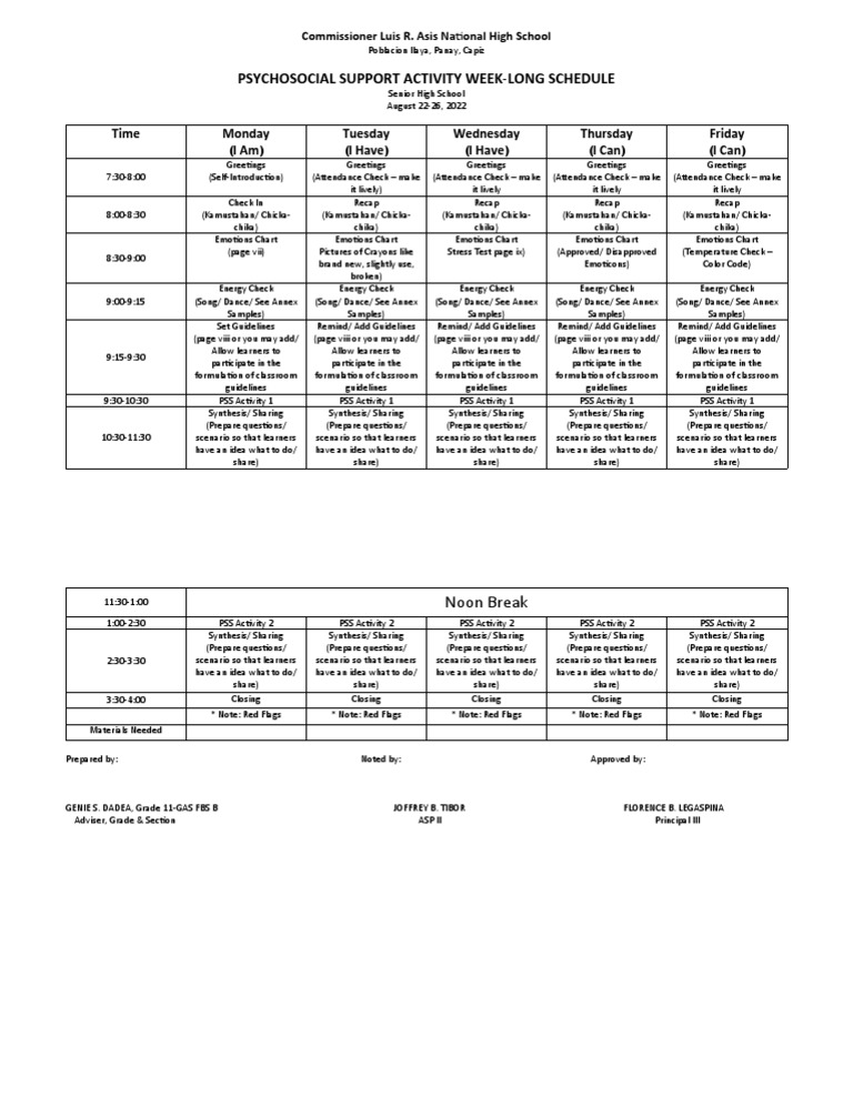 PSS Schedule Sample | PDF