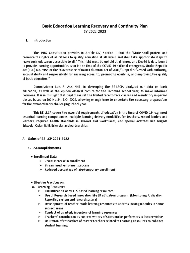 Basic Education Learning Recovery and Continuity Plan: A. Gains of BE-LCP 2021-2022 1 ...