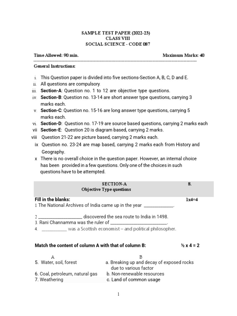 Sample Q.paper Class 8 | PDF