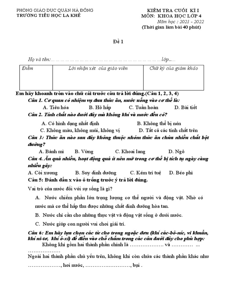 Đề Ktki Môn Kh k4 Năm 2021- 2022 | PDF