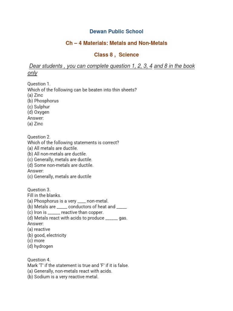 Class 8, Science, Ch-4 Ques - Ans | PDF | Metals | Aluminium
