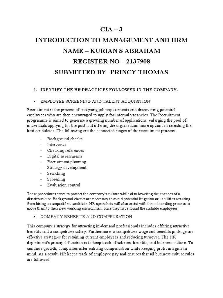Cia 3 Kurian S Abraham 2137908 SWH 232 | PDF | Employment | Recruitment