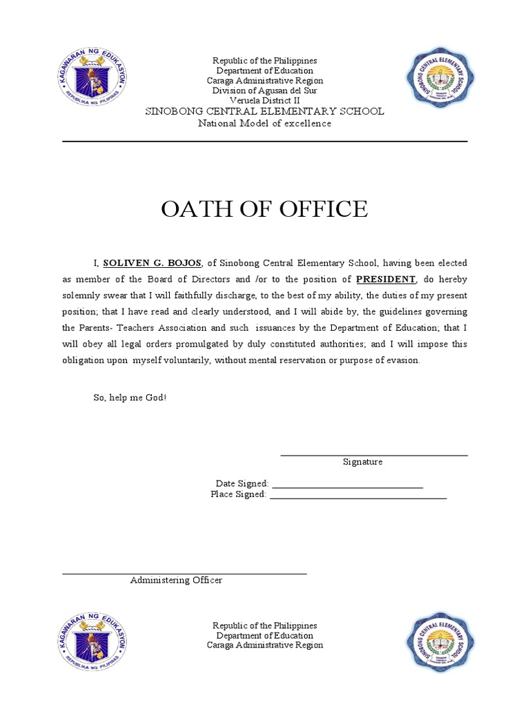 Oath of Office: Sinobong Central Elementary School National Model of Excellence | PDF | Oath Of ...