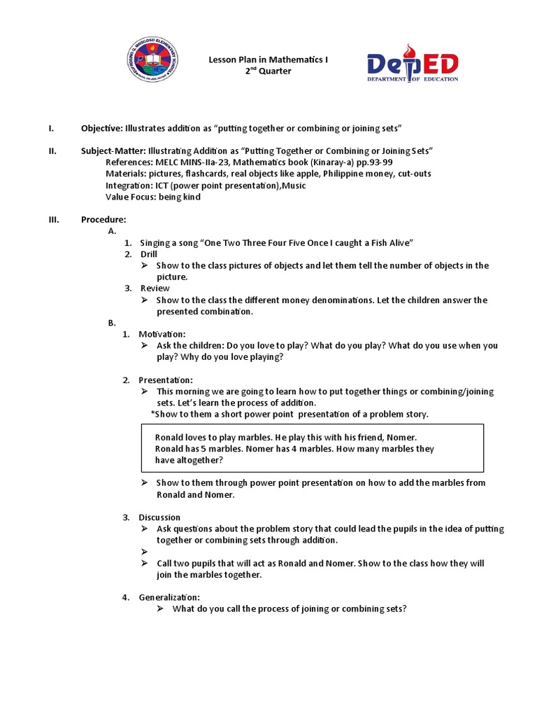 Lesson Plan in Mathematics I 2 Quarter | PDF | Pedagogy | Education Theory