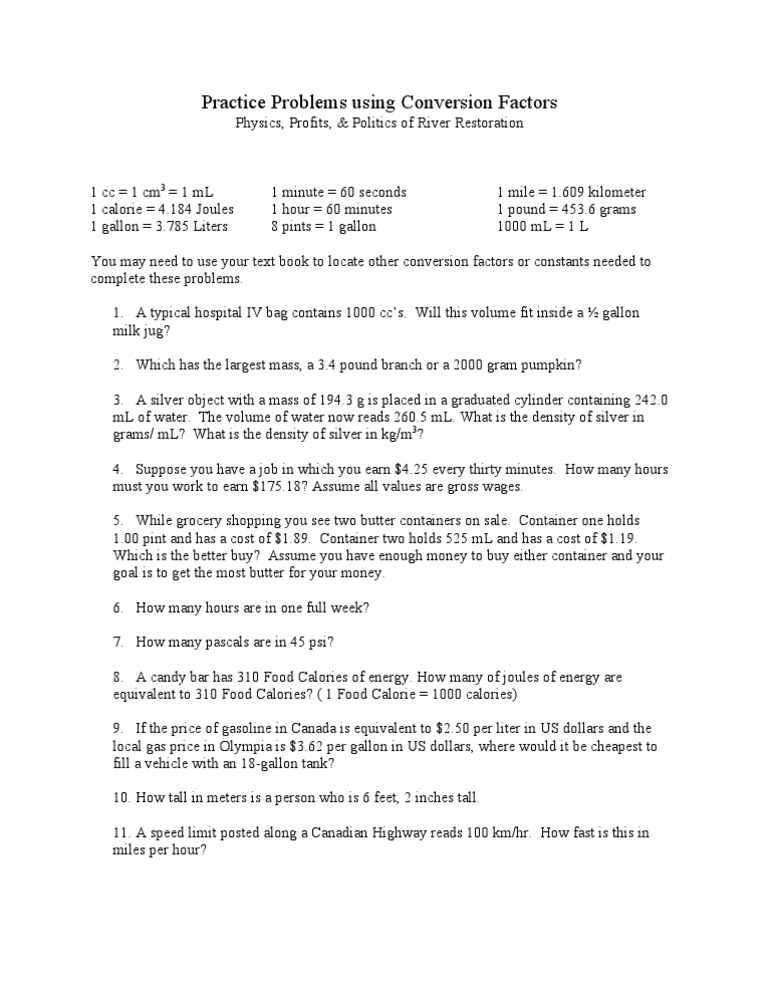 Practice Problems Using Conversion Factors | PDF