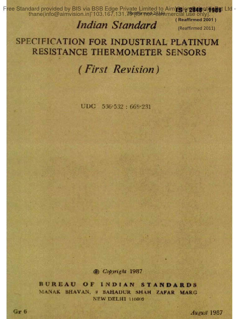 IS 2848 - Specition For PRT Sensor | PDF | Resistor | Temperature