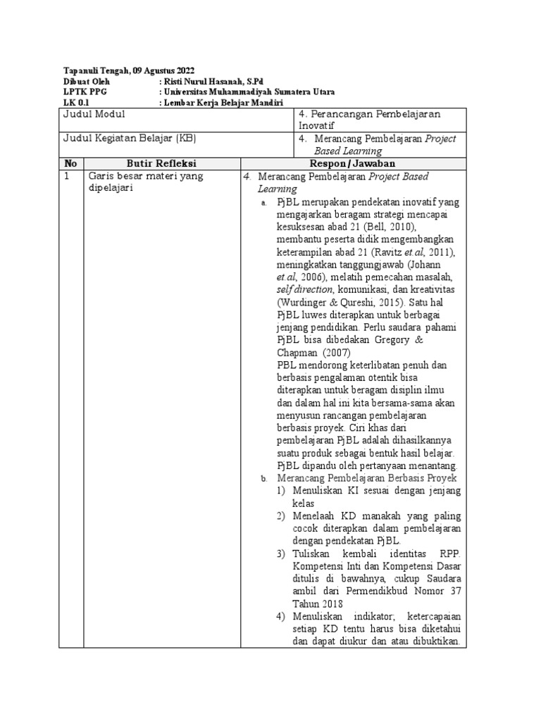 LK 1 Modul 4 KB 4 Merancang Pembelajaran Project Based Learning | PDF