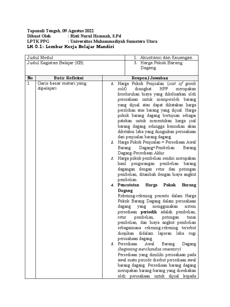 LK 1 KB 3 Akuntansi Dan Keuangan Harga Pokok Barang Dagang | PDF