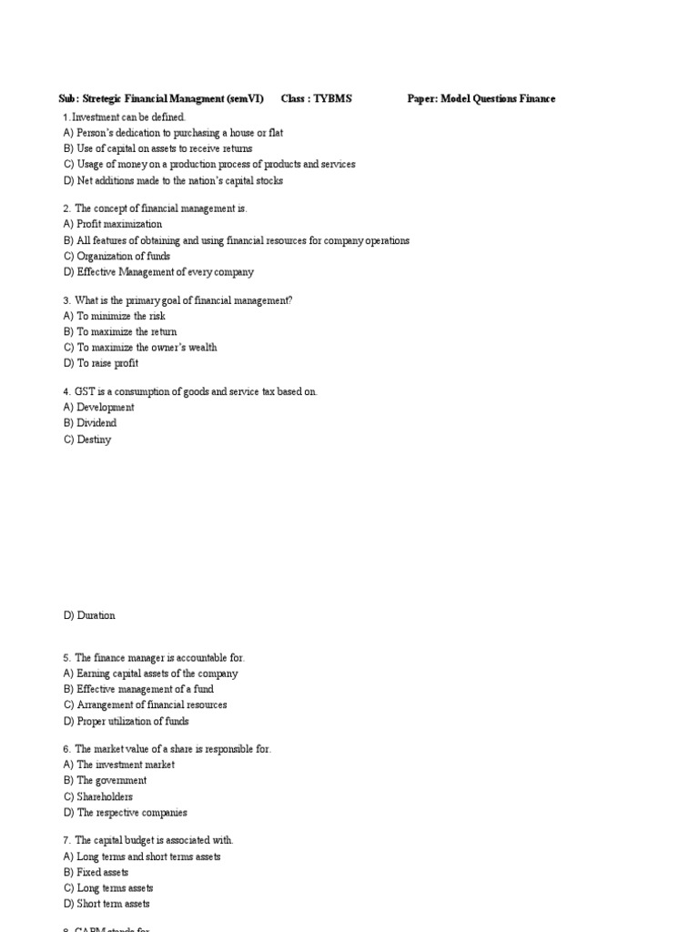 Sub: Stretegic Financial Managment (Semvi) Class: Tybms Paper: Model Questions Finance | PDF ...
