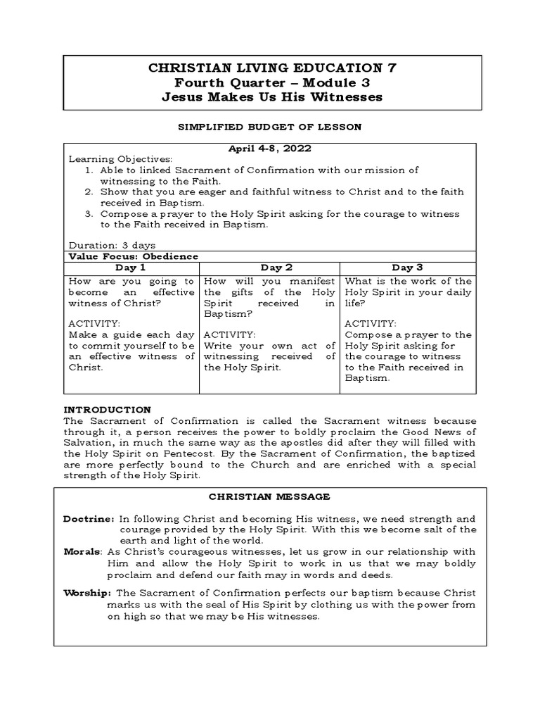 Christian Living Education 7 Fourth Quarter - Module 3 Jesus Makes Us ...