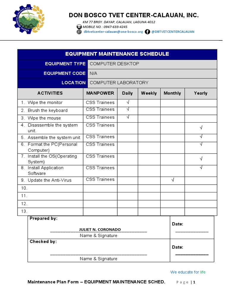 CSS Equipment Maintenance Schedule | PDF