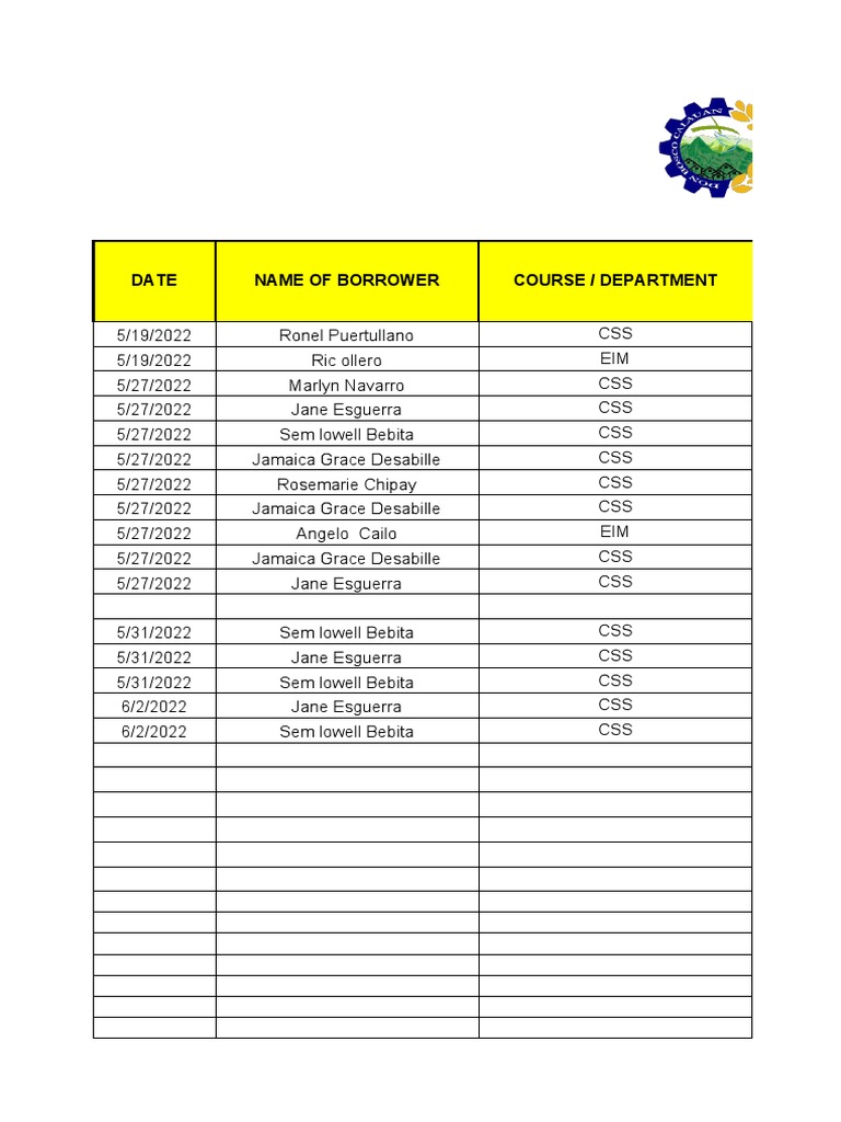 May 2022 Borrower's Log Form | PDF | Equipment | Computing