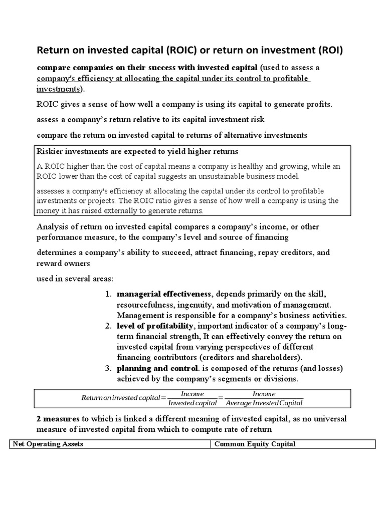Return On Invested Capital (ROIC) or Return On Investment (ROI) | PDF ...