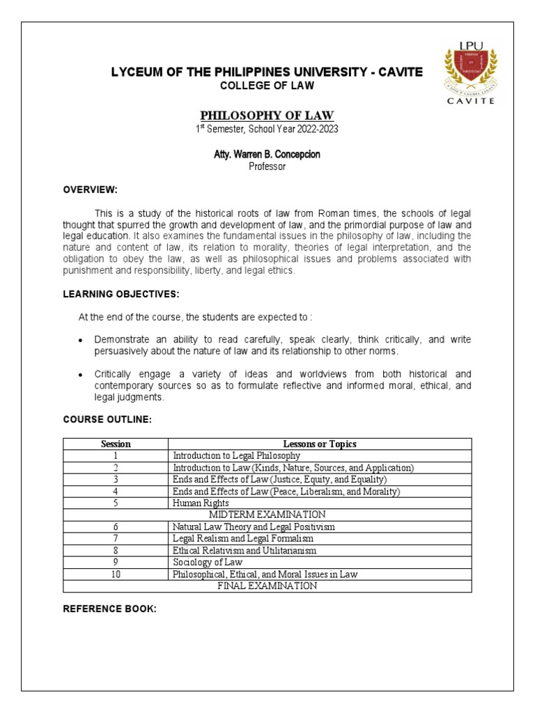 PHILOSOPHY OF LAW COURSE SYLLABUS (LPU CAVITE) | PDF | Jurisprudence ...