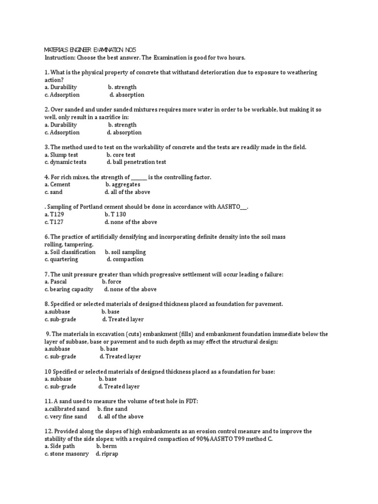 MATERIALS Engineer Examination No. 5 | PDF | Road Surface | Concrete