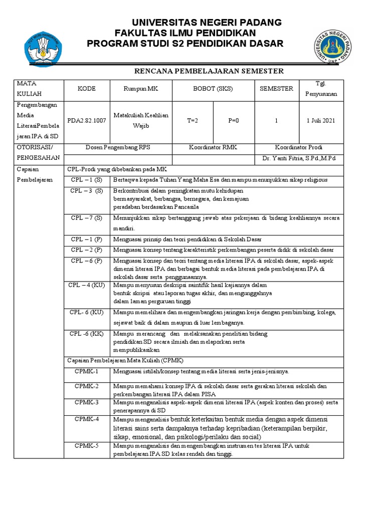 RPS Pengembangan Media Literasi Pembelajaran Ipa Di SD | PDF