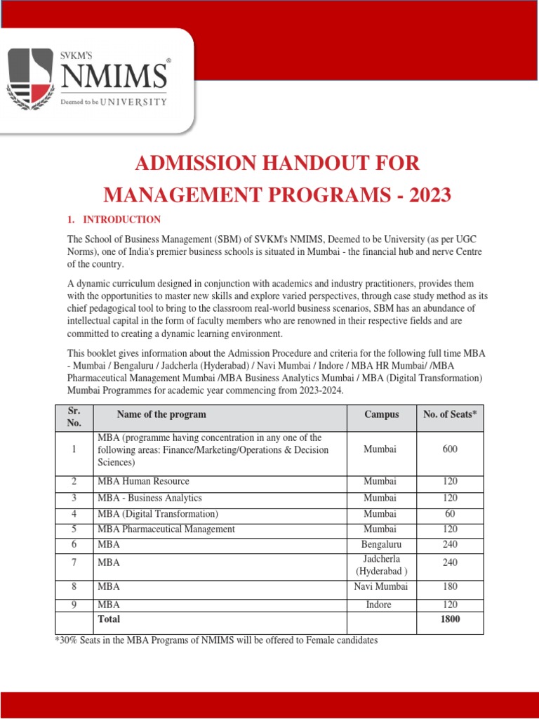 NMIMS MBA 2023-25 Handout | PDF | Academic Degree | University And College Admission