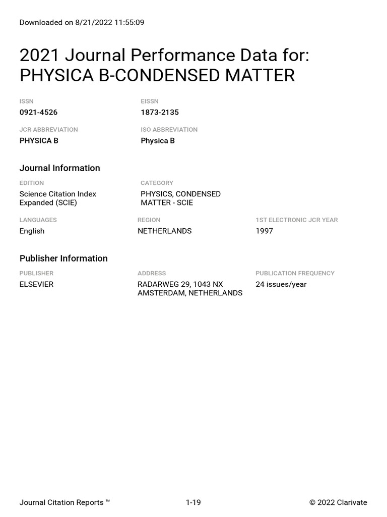 JCR Physica B 2021 | PDF | Academic Journal | Citation