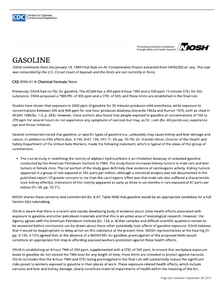 1988 OSHA PEL Project - Gasoline - NIOSH - CDC | PDF